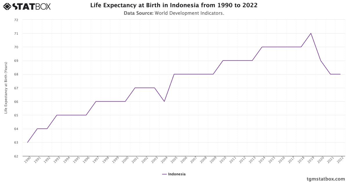 Life Expectancy at Birth in Indonesia from 1990 to 2022 - TGM StatBox